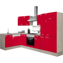 Winkelküche Optifit "Faro" Komplettküchen-Sets Gr. B/T: 300 cm x 175 cm, rot (küche: glanz) L-Küchen mit Elektrogeräte E-Geräten, Stellbreite 300 x 175 cm