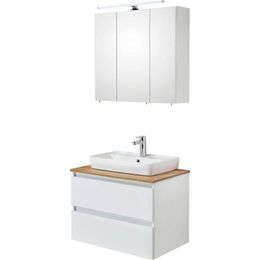 Saphir Badmöbel-Set Quickset 360 2-teilig, Keramik-Aufsatzbecken mit LED-Spiegelschrank, (2-St), Waschtischplatte, 78 cm breit, Weiß Glanz, 3 Türen, 2 Schubladen, weiß