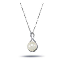 EinStein Diamant Goldkette Perle & Diamanten (Brillant-Schliff) Anhänger Halskette in 14 Karat Weißgold