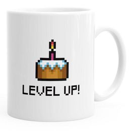 MoonWorks Tasse Kaffee-Tasse Geburtstag Level Up Pixel-Torte Retro Gamer Pixelgrafik Geschenk Arcade MoonWorks®