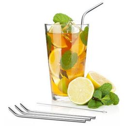 PRECORN Trinkhalme Cocktail-Trinkhalme Strohhalme gebogen aus Edelstahl im 4er-Set inkl. Reinigungsbürste Smoothie Party Feier Trinkhalme