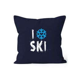MoonWorks Dekokissen Kissen-Bezug I Love Ski Ich liebe Ski Wintersportler Ski-Fahrer Kissen-Hülle Deko-Kissen Baumwolle MoonWorks®