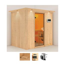 Karibu Sauna Finja, BxTxH: 210 x 165 x 202 cm, 68 mm, (Set) 3,6-kW-Plug & Play Ofen mit externer Steuerung, beige