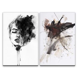 Sinus Art Leinwandbild 2 Bilder je 60x90cm Frauen Porträt Abstrakt Kunstvoll Flecken Schwarze Farbe Sinnlich Schön
