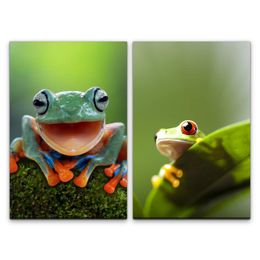 Sinus Art Leinwandbild 2 Bilder je 60x90cm fröhlicher Frosch Natur Grün Lächeln positive Energie grünes Blatt Dschungel