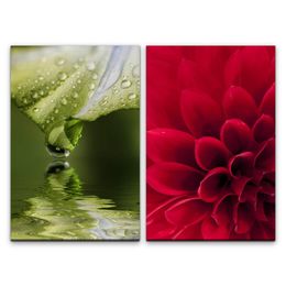Sinus Art Leinwandbild 2 Bilder je 60x90cm Dahlie Orchidee Grün rote Blüte Wassertropfen Wasseroberfläche Erfrischend