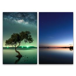 Sinus Art Leinwandbild 2 Bilder je 60x90cm einsamer Baum Milchstraße Galaxie See Grün Blau Abenddämmerung