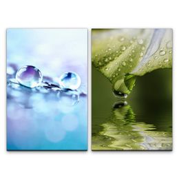 Sinus Art Leinwandbild 2 Bilder je 60x90cm Blau Wasserperlen Wassertropfen Bach Wasserreflexion grüne Blüte Makrofotografie