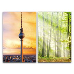 Sinus Art Leinwandbild 2 Bilder je 60x90cm Berlin Fernsehturm Wald Herbst Horizont Sonnenschein Sonnenstrahlen