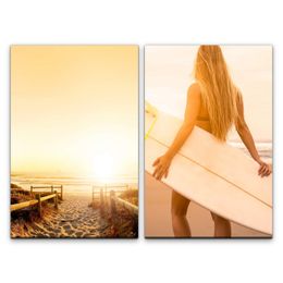 Sinus Art Leinwandbild 2 Bilder je 60x90cm Sandstrand Surferin Bikini Sommer Sonne Surfbrett Urlaub