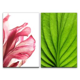 Sinus Art Leinwandbild 2 Bilder je 60x90cm Orchidee rote Blüte grünes Blatt Blattstruktur Pflanze Harmonie Makrofotografie