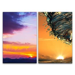 Sinus Art Leinwandbild 2 Bilder je 60x90cm perfekte Welle Südsee Ozean Abenddämmerung roter Himmel Sonnenuntergang Traumhaf