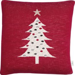 Tom Tailor HOME Dekokissen Knitted Red Tree, Gestrickte Kissenhülle ohne Füllung mit Weihnachtsbaum-Motiv, 1 Stück, rot