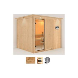 Karibu Sauna Gitte, BxTxH: 245 x 210 x 202 cm, 68 mm, (Set) 9-kW-Bio-Ofen mit externer Steuerung, beige