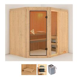 Karibu Sauna Frigga 2, BxTxH: 196 x 170 x 198 cm, 68 mm, (Set) 9-kW-Ofen mit integrierter Steuerung, beige
