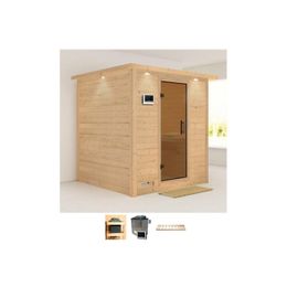 Karibu Sauna Menja, BxTxH: 224 x 210 x 206 cm, 40 mm, (Set) 9-kW-Ofen mit externer Steuerung, beige