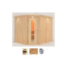 Karibu Sauna Marit, BxTxH: 245 x 210 x 202 cm, 68 mm, (Set) 9-kW-Ofen mit integrierter Steuerung, beige