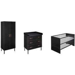 Schardt Babyzimmer-Komplettset Camiel Black, (Set, 3-St., Kinderbett, Schrank, Wickelkommode), mit Kinderbett mit Umbauseiten, 2-trg. Schrank und Wickelkommode, schwarz