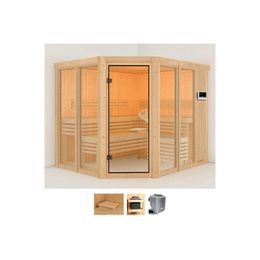 Karibu Sauna Anike 3, BxTxH: 231 x 196 x 198 cm, 68 mm, (Set) 9-kW-Bio-Ofen mit externer Steuerung, beige