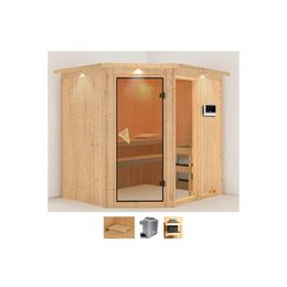 Karibu Sauna Frigga 2, BxTxH: 210 x 184 x 202 cm, 68 mm, (Set) 9-kW-Ofen mit externer Steuerung, beige