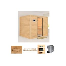Karibu Sauna Soraja, BxTxH: 231 x 196 x 200 cm, 40 mm, (Set) 9-kW-Bio-Ofen mit externer Steuerung, beige