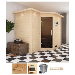 Karibu Sauna Sanna 2, BxTxH: 264 x 198 x 212 cm, 40 mm, (Set) 9-kW-Bio-Ofen mit externer Steuerung, beige