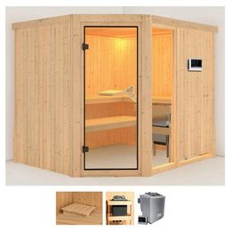 Karibu Sauna Frigga 3, BxTxH: 231 x 196 x 198 cm, 68 mm, (Set) 9-kW-Ofen mit externer Steuerung, beige