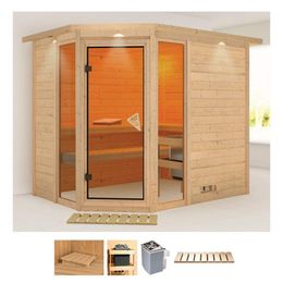 Karibu Sauna Sina 3, BxTxH: 264 x 198 x 212 cm, 40 mm, (Set) 9-kW-Ofen mit integrierter Steuerung, beige