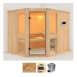 Karibu Sauna Aline 3, BxTxH: 231 x 196 x 198 cm, 68 mm, (Set) 9-kW-Bio-Ofen mit externer Steuerung, beige