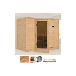 Karibu Sauna Sanna 2, BxTxH: 236 x 184 x 209 cm, 40 mm, (Set) 9-kW-Bio-Ofen mit externer Steuerung, beige
