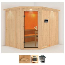 Karibu Sauna Marit, BxTxH: 245 x 210 x 202 cm, 68 mm, (Set) 9-kW-Ofen mit externer Steuerung, beige