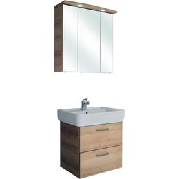 Saphir Badmöbel-Set Quickset 919 2-teilig, Keramik-Waschtisch mit LED-Spiegelschrank, (2-St), Waschplatz 65 cm breit, inkl. Türdämpfer, 3 Türen, 1 Klappe, braun