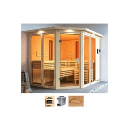 Karibu Sauna Avril, BxTxH: 245 x 210 x 202 cm, 68 mm, (Set) 9-kW-Bio-Ofen mit externer Steuerung, beige