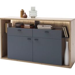 MCA furniture Sideboard Lizzano, Wohnzimmerschrank mit 3-D Rückwand, wahlweise mit Beleuchtung, grau