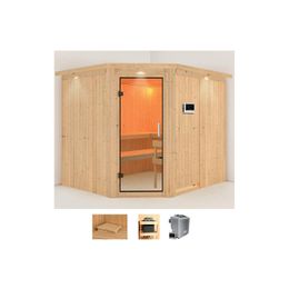 Karibu Sauna Marit, BxTxH: 245 x 210 x 202 cm, 68 mm, (Set) 9-kW-Bio-Ofen mit externer Steuerung, beige