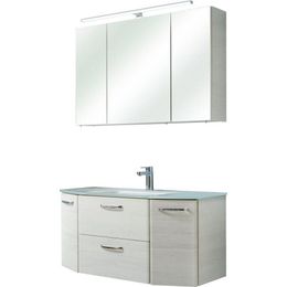 Saphir Badmöbel-Set Quickset 2-teilig, Glas-Waschtisch mit LED-Spiegelschrank, 5 Türen, (Set, 2-St), Unterschrank mit Waschbecken, inkl. Türdämpfer, Griffe Chrom Glanz, beige|weiß