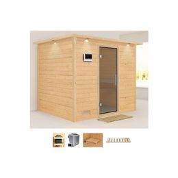 Karibu Sauna Soraja, BxTxH: 259 x 210 x 205 cm, 40 mm, (Set) 9-kW-Bio-Ofen mit externer Steuerung, beige