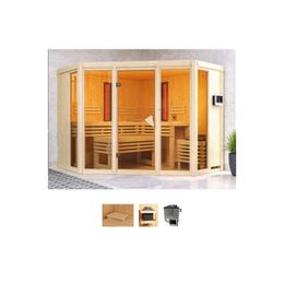 Karibu Sauna Adele, BxTxH: 231 x 231 x 198 cm, 68 mm, (Set) 9-kW-Ofen mit externer Steuerung, inkl. 2 Infrarot-Vitalightstrahlern, beige