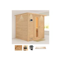 Karibu Sauna Menja, BxTxH: 224 x 210 x 206 cm, 40 mm, (Set) 9-kW-Ofen mit externer Steuerung, beige