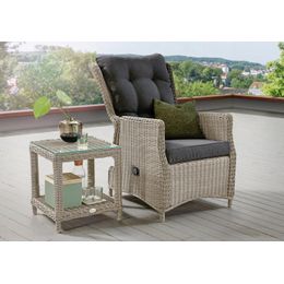 Destiny Gartenlounge-Set CASA MERANO, (Set, 4-tlg), Polyrattan, Sessel verstellbar, mit Beistelltisch 46x47x50cm, beige|grau|weiß