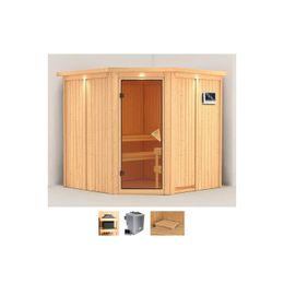 Karibu Sauna Jarla, BxTxH: 196 x 196 x 198 cm, 68 mm, (Set) 9-kW-Ofen mit externer Steuerung, beige