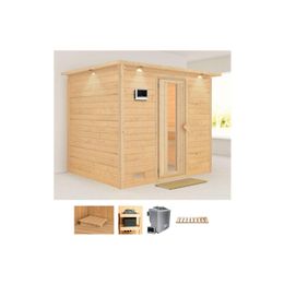 Karibu Sauna Soraja, BxTxH: 259 x 210 x 205 cm, 40 mm, (Set) 9-kW-Bio-Ofen mit externer Steuerung, beige