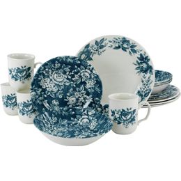 Creatable Kombiservice Geschirr-Set Splendor (16-tlg), 4 Personen, Steingut, Service, traditionelles Rosendekor, 16 Teile, für 4 Personen, blau|weiß