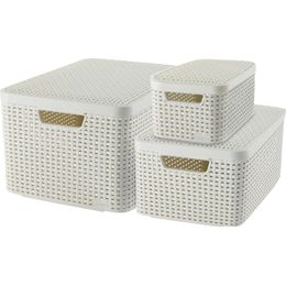 curver Organizer Style Box L+M+S (Set, 3 St), Aufbewahrungsbox, stapelbar mit und ohne Deckel, weiß