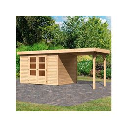 Karibu Gartenhaus "Arnis 5" SET anthrazit mit Anbaudach 2,40 m Breite, BxT: 302x246 cm, (Set), aus hochwertiger nordischer Fichte, beige