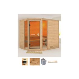 Karibu Sauna Sina 3, BxTxH: 236 x 184 x 209 cm, 40 mm, (Set) 9-kW-Ofen mit integrierter Steuerung, beige