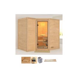 Karibu Sauna Sanna 2, BxTxH: 236 x 184 x 209 cm, 40 mm, (Set) 9-kW-Ofen mit integrierter Steuerung, beige