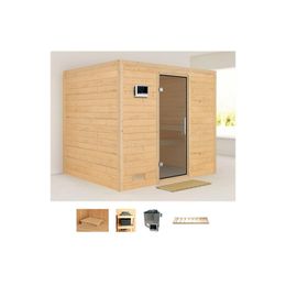 Karibu Sauna Soraja, BxTxH: 231 x 196 x 200 cm, 40 mm, (Set) 9-kW-Ofen mit externer Steuerung, beige