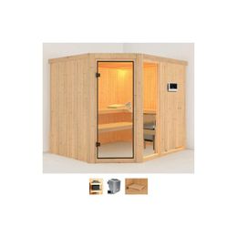 Karibu Sauna Frigga 3, BxTxH: 231 x 196 x 198 cm, 68 mm, (Set) 9-kW-Bio-Ofen mit externer Steuerung, beige