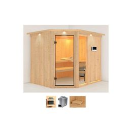 Karibu Sauna Frigga 3, BxTxH: 245 x 210 x 202 cm, 68 mm, (Set) 9-kW-Ofen mit externer Steuerung, beige